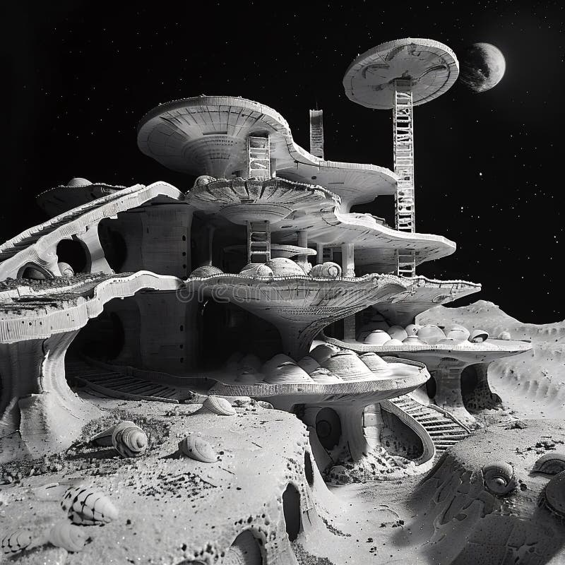 A Shell-like Spaceport Dominates the Foreground, with Intricate ...