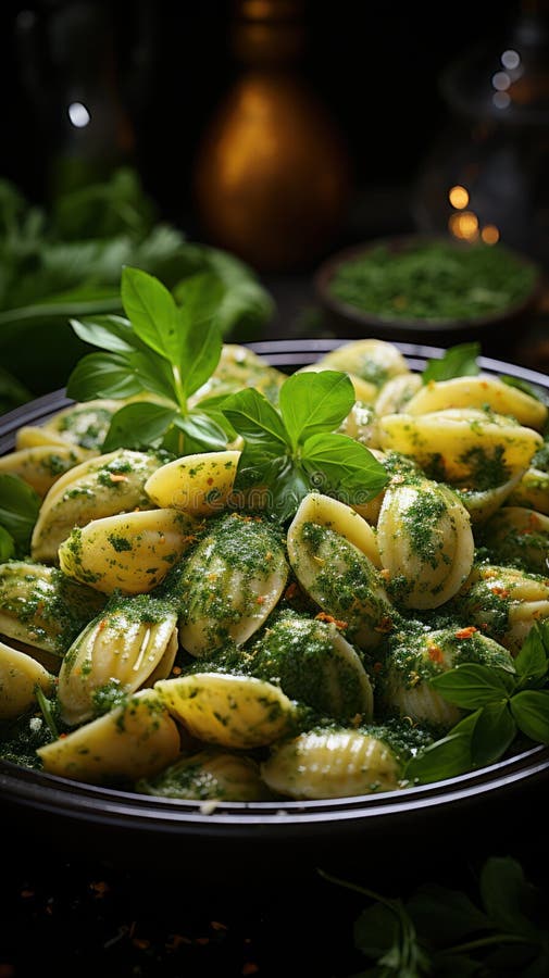 Shell Pasta Fried with Spinach and Seasoned with Basil and Garlic Stock ...