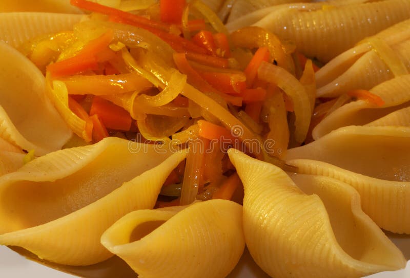 Shell-pasta with vegetable stock photo. Image of shell - 83810720