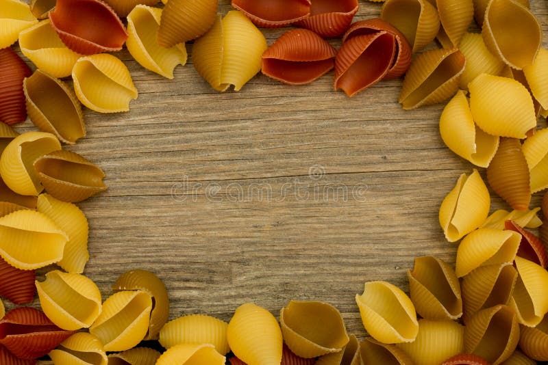 Shell Pasta on Wooden Table Top View Frame Stock Image - Image of ...