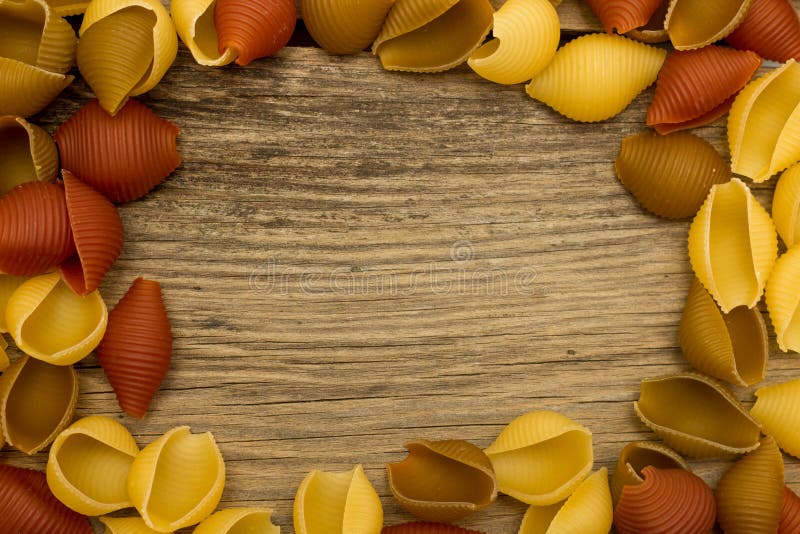 Shell Pasta on Wooden Table Top View Frame Stock Image - Image of ...