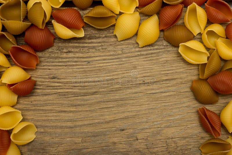 Shell Pasta on Wooden Table Top View Frame Stock Image - Image of multi ...