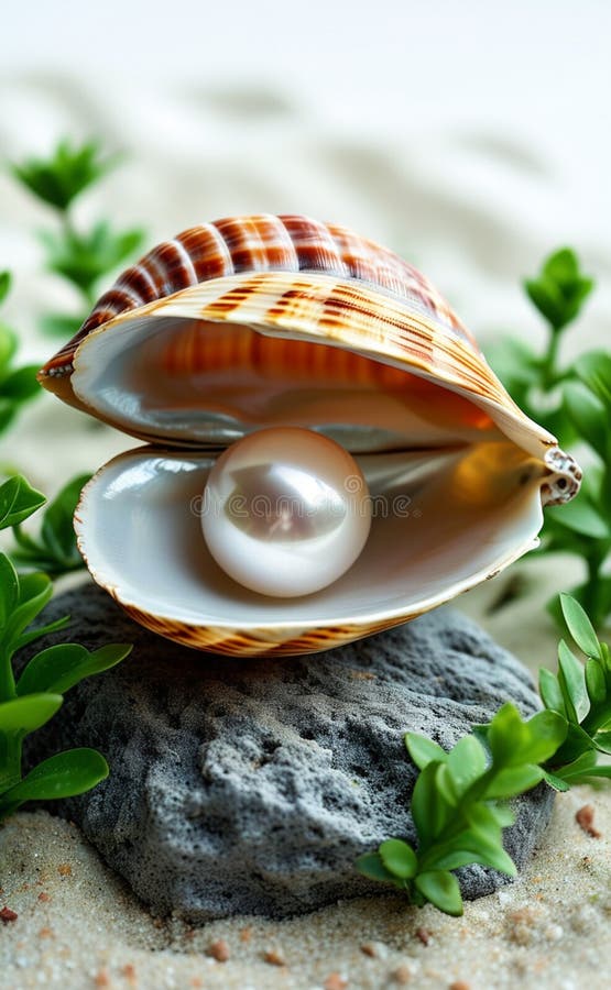 A Shell with a Pearl Inside on a Rock Stock Illustration - Illustration ...