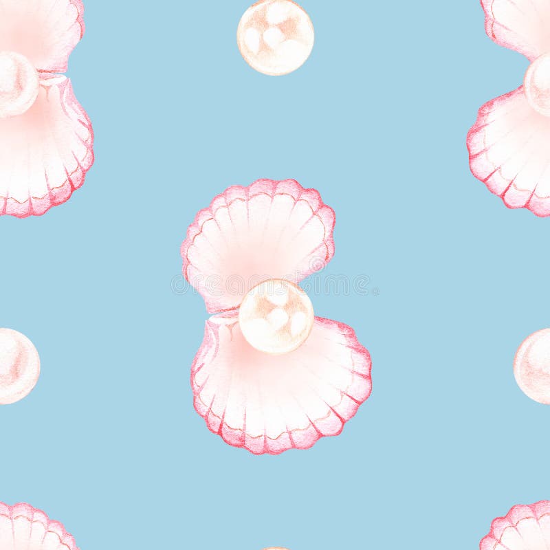 Shell with Pearls. Seamless Pattern. Watercolor Illustration. Isolated ...
