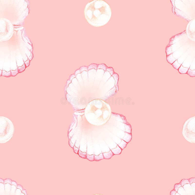 Shell with Pearls. Seamless Pattern. Watercolor Illustration. Isolated ...