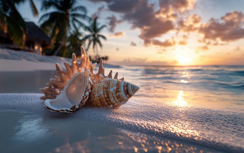 A Shell Rests on the Beach As the Sun Sets in a Vibrant Sky. Stock ...
