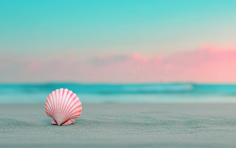 A Shell Rests on the Beach Under a Beautiful Pink Sky at Sunset. Stock ...
