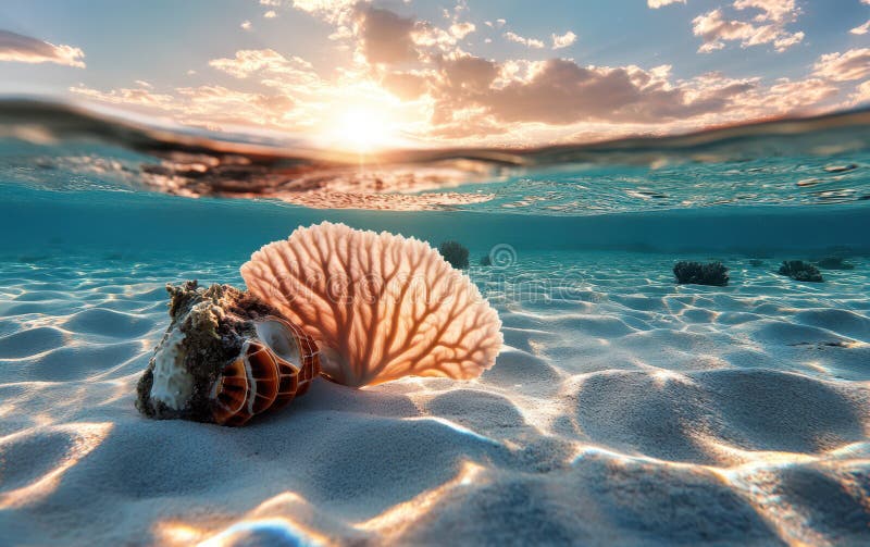 A Shell Rests on Sandy Ocean Floor, Partially Submerged in Water. Stock ...