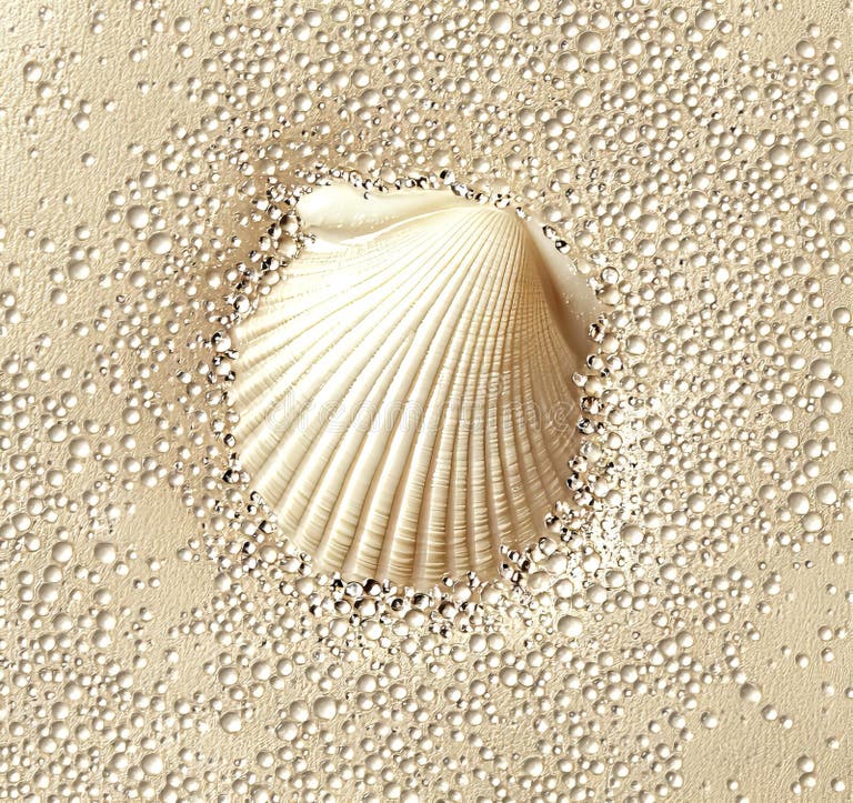 A Shell in the Sand with Water Droplets on it Stock Photo - Image of ...
