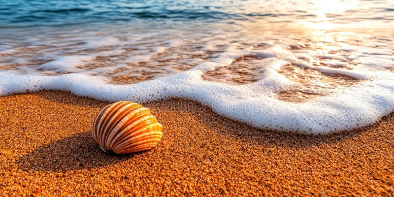 Shell on Sandy Beach with Gentle Waves and Warm Sunset Reflected on ...