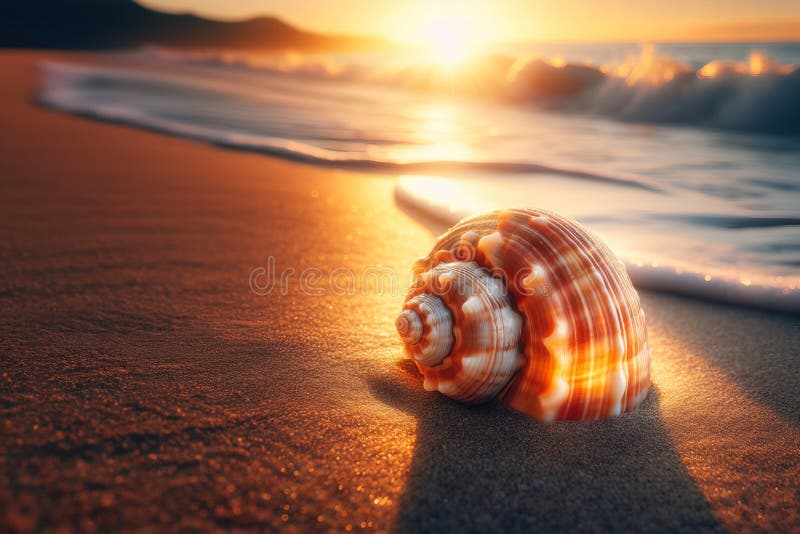 Shell on Sandy Beach at Sunset, Vibrant Red-orange Light. Perfect for ...