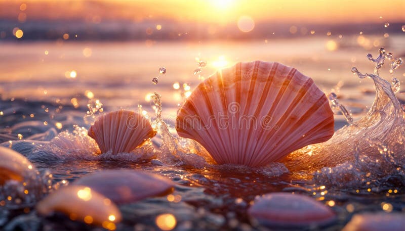 Shell in the Splashes of Sea Waves. a Pair of Beautiful Shells in the ...