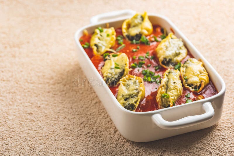 Shell-shaped Pasta Stuffed with Spinach and Cheese Stock Photo - Image ...