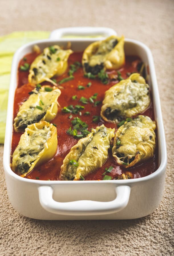 Shell-shaped Pasta Stuffed with Spinach and Cheese Stock Image - Image ...