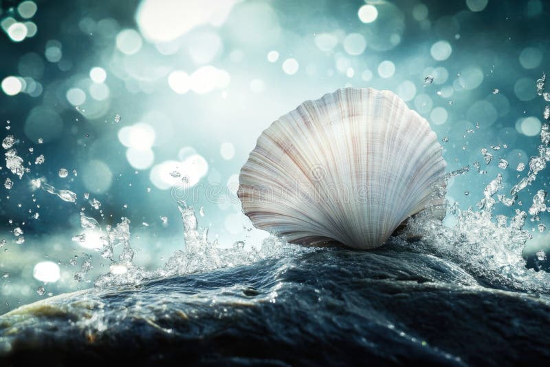 Shell Resting on a Rock with Splashing Water Under Shimmering Light ...