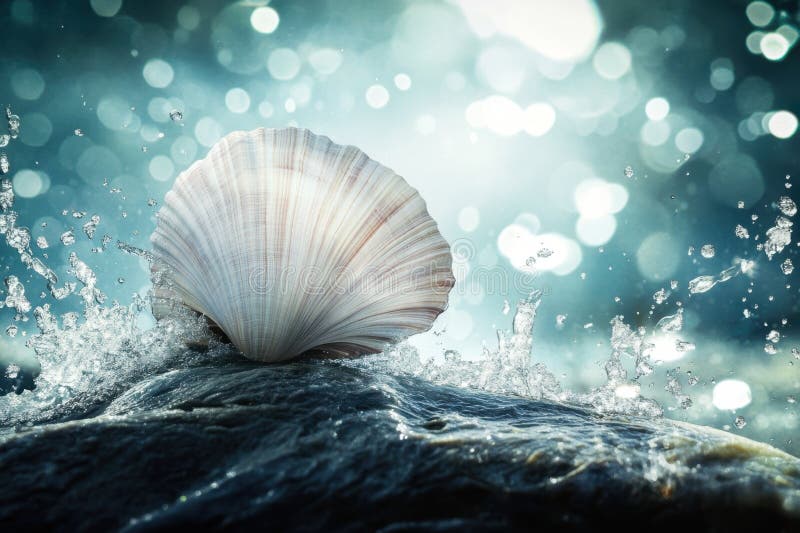 Shell Resting on a Rock with Splashing Water Under Shimmering Light ...