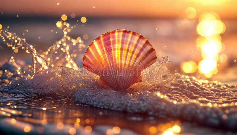 Shell in the Splashes of Sea Waves. a Pair of Beautiful Shells in the Rays of the Setting Sun ...