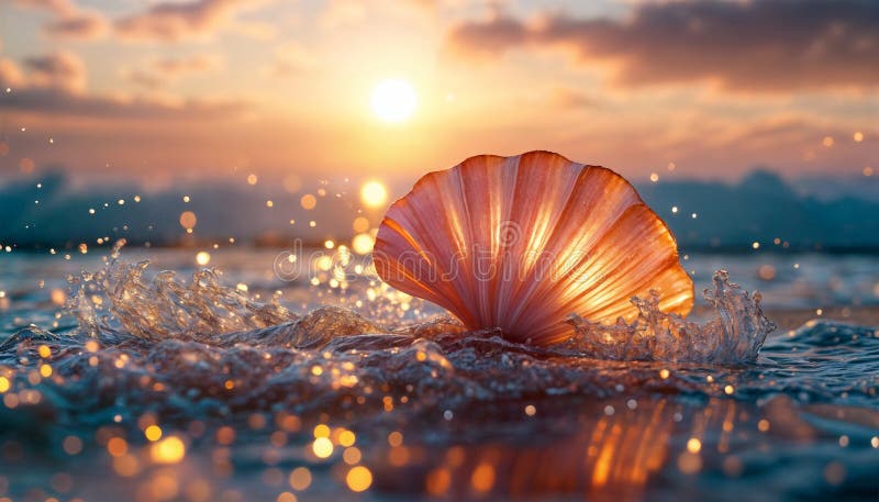 Shell in the Splashes of Sea Waves. a Pair of Beautiful Shells in the ...