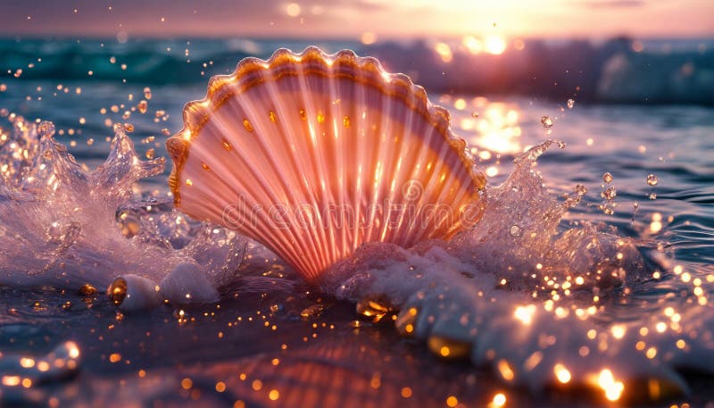 Shell in the Splashes of Sea Waves. a Pair of Beautiful Shells in the ...