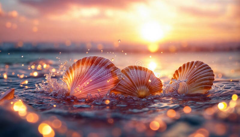 Shell in the Splashes of Sea Waves. a Pair of Beautiful Shells in the ...