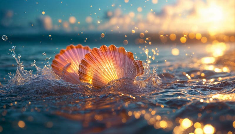 Shell in the Splashes of Sea Waves. a Pair of Beautiful Shells in the ...