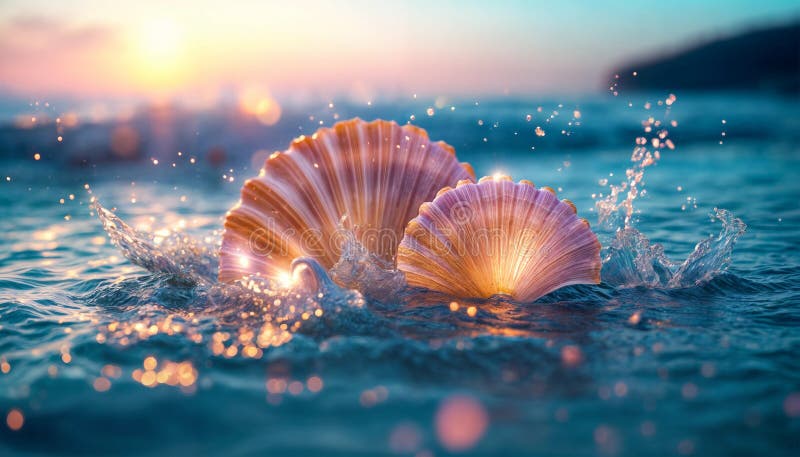 Shell in the Splashes of Sea Waves. a Pair of Beautiful Shells in the ...