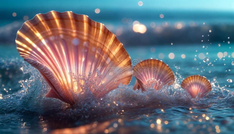 Shell in the Splashes of Sea Waves. a Pair of Beautiful Shells in the ...