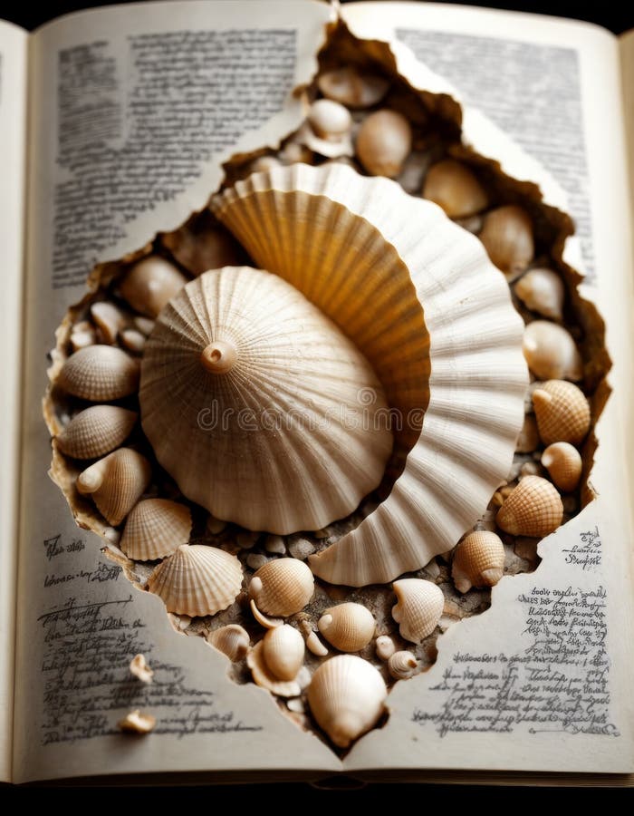 Shell and Text Fusion on Aged Book Stock Photo - Image of literature ...