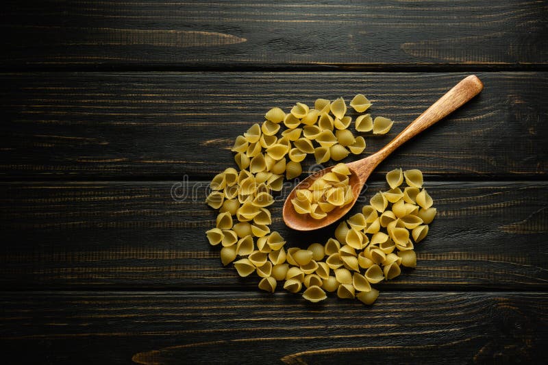 Shell-type Pasta on an Antique Dark Table and in a Spoon before ...
