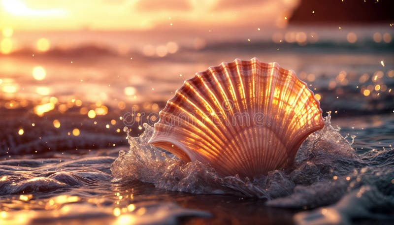 Shell in the Splashes of Sea Waves. a Pair of Beautiful Shells in the ...