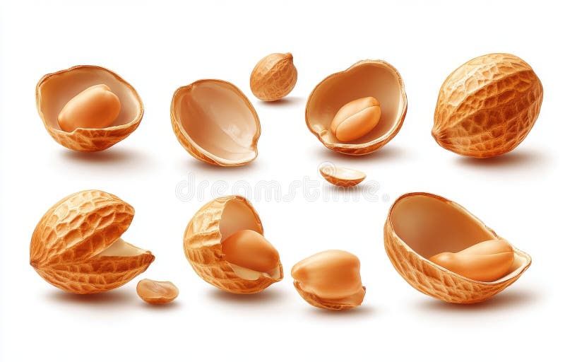 Shelled and Unshelled Peanuts Collection on White Background Stock ...