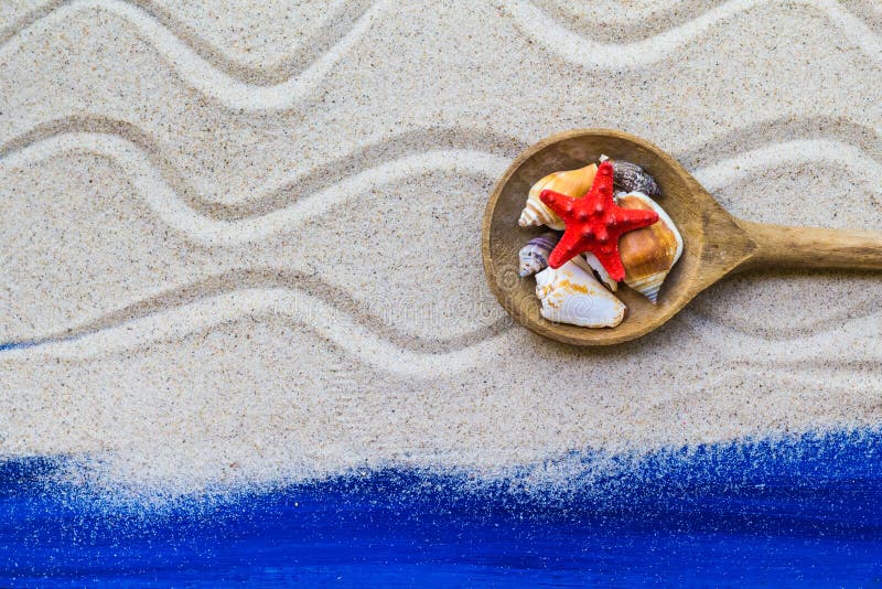 Shells Colored Spoon Beach Sand Stock Photo - Image of board, coast ...