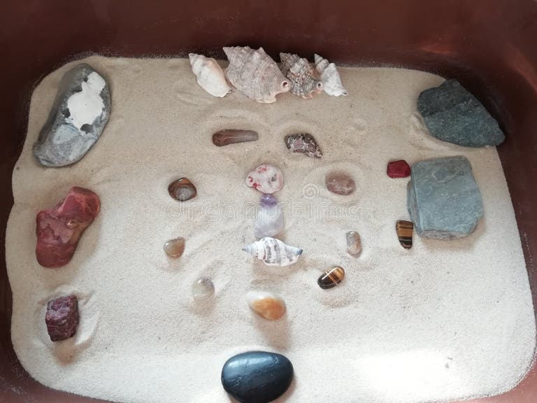 Shells and Crystals in a Sand Box Stock Image - Image of shells, sand ...
