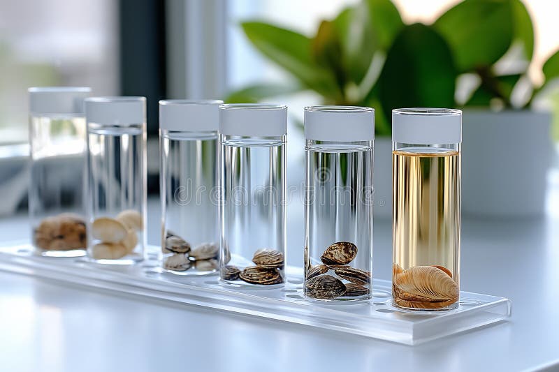 Shells Displayed in Glass Vials Filled with Clear Water. Modern ...