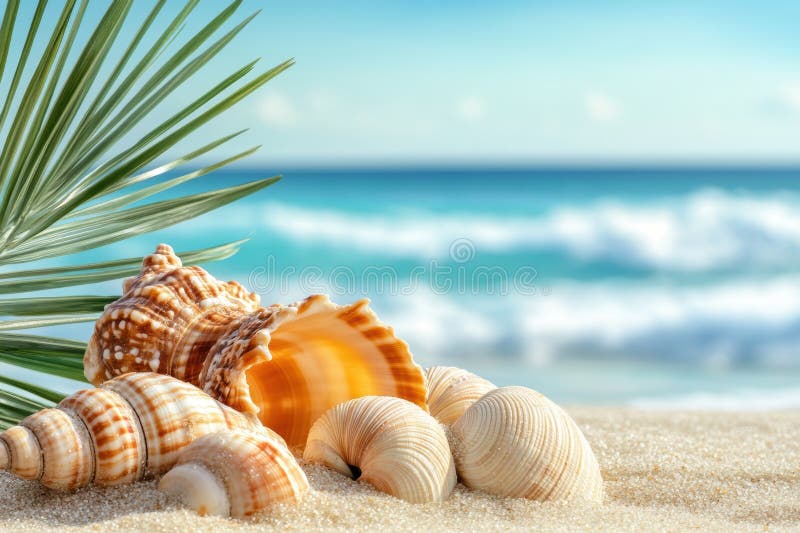 Shells Palm Leaves Scattered Sandy Beach Ocean Waves Stock Photos ...