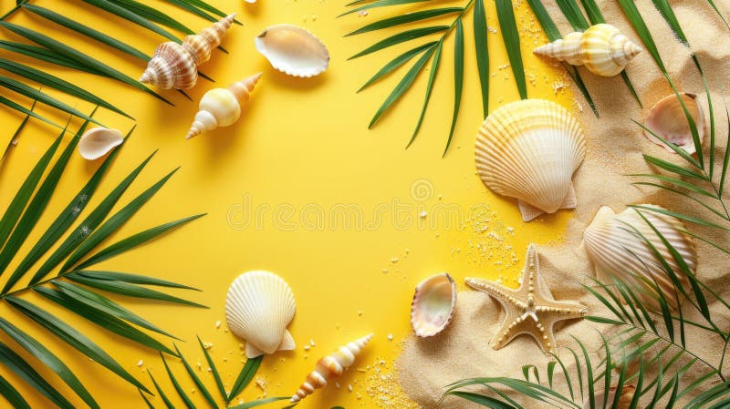 Shells and Palm Leaves on a Vibrant Yellow Background. Suitable for ...
