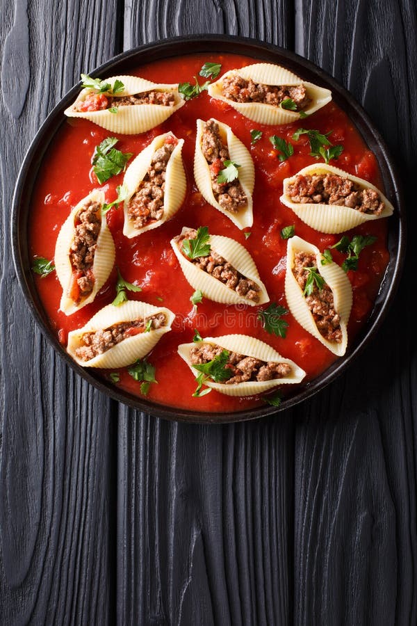 Shells Pasta Stuffed with Ground Beef with Herbs in a Marinara S Stock ...