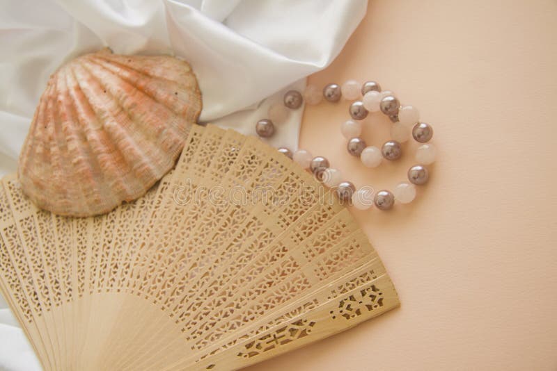 Shells and Pearls on Pink Background Stock Image - Image of leaves ...