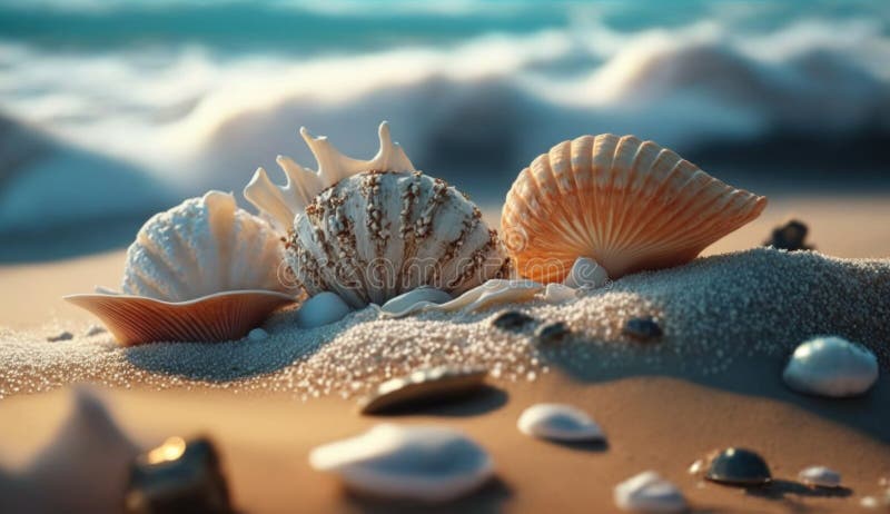 Shells on Sandy Beach. Generative AI Stock Image - Image of sunny ...