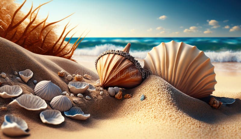 Shells on Sandy Beach. Generative AI Stock Photo - Image of caribbean ...