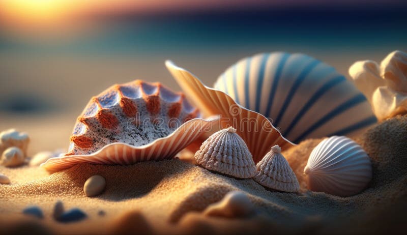 Shells on Sandy Beach. Generative AI Stock Photo - Image of relaxation ...