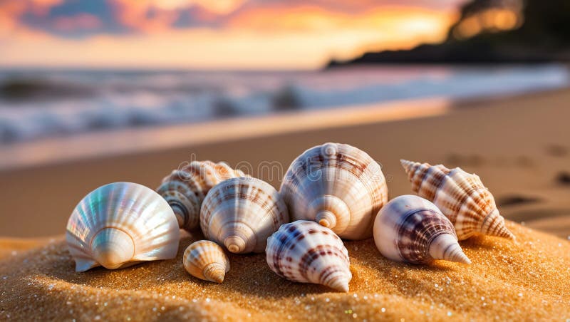 Shells on Sandy Beach. Tropical Beach with Sea Shells on Sand. Summer ...