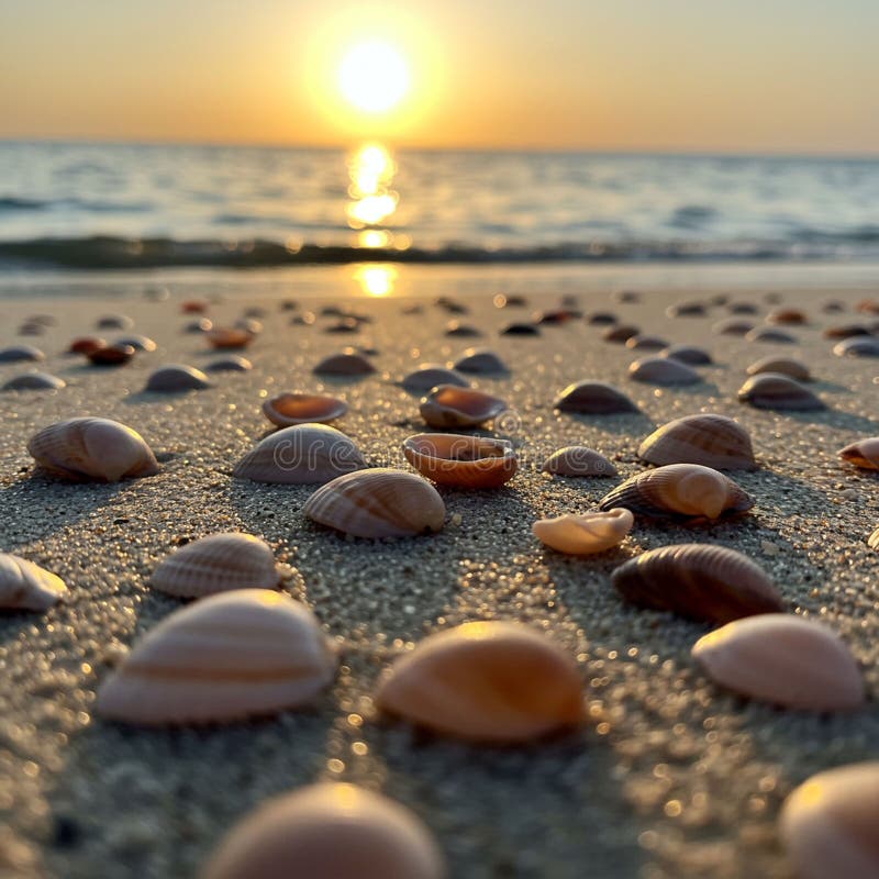 Shells Scattered Across a Sandy Beach, Illuminated by the Golden Glow ...