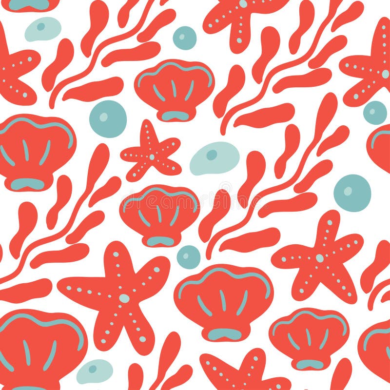 Shells and Seaweed Seamless Pattern Flat Design Stock Vector ...