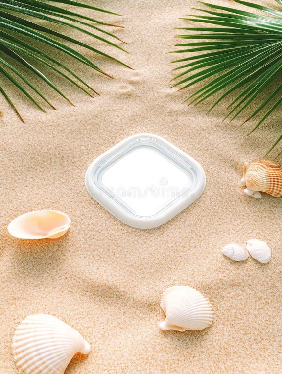 Shells and a Square Container on Sandy Beach with Tropical Leaves Stock ...