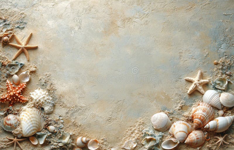 Shells and Starfish Create a Coastal Decorative Frame on Sandy ...