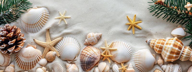 Shells and Starfish on Sand with a Pine Cone and Evergreen Branches ...