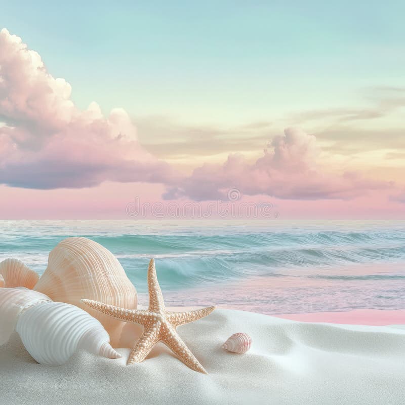 Shells and Starfish on the Sandy Beach with Gentle Waves Under a Pastel ...