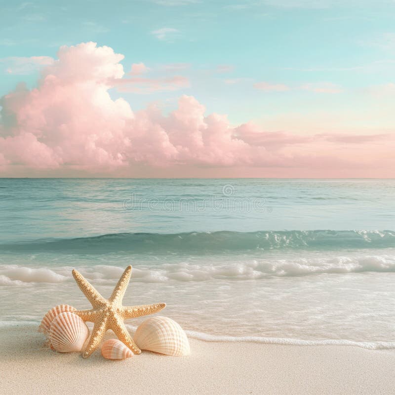 Shells and Starfish on the Sandy Beach with Gentle Waves Under a Pastel ...