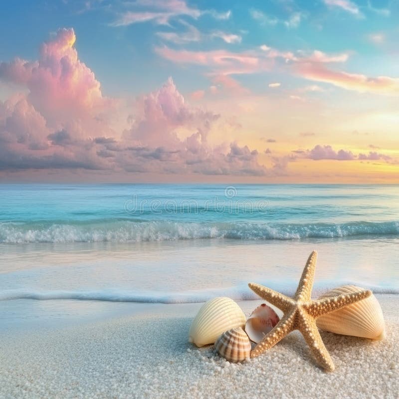 Shells and Starfish on the Sandy Beach with Gentle Waves Under a Pastel ...
